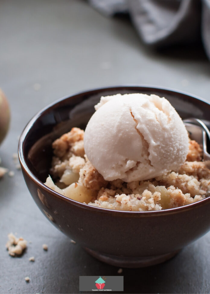 Pear and Almond Crumble, a delicious dessert, great with vanilla custard