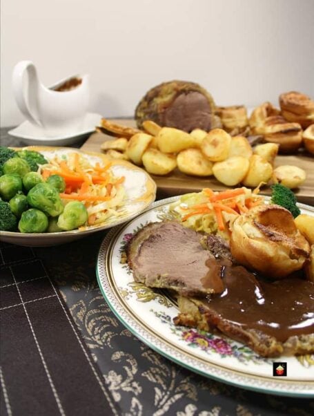 Roast Beef Dinner with cook times for rare, medium and well done.