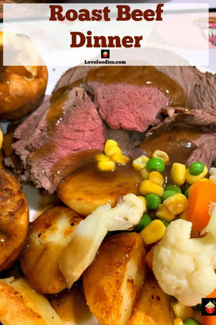 Roast Beef Dinner with cook times for rare, medium and well done.